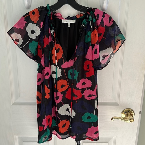Milly | Tops | Milly Floral Top With Flutter Sleeves | Poshmark